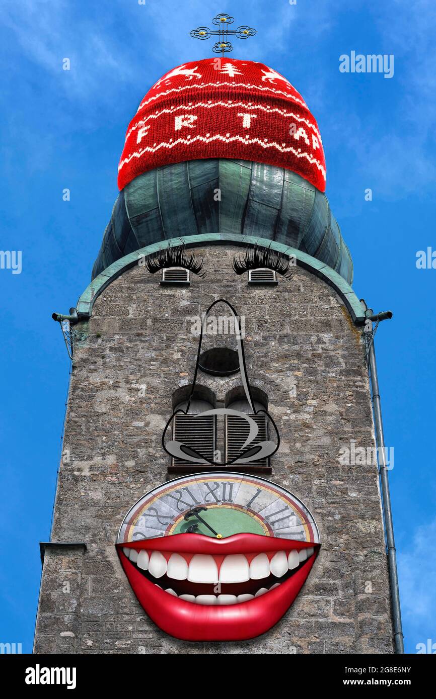 PHOTOMONTAGE, tower with tower clock, woolen cap, eyelashes, nose and ...