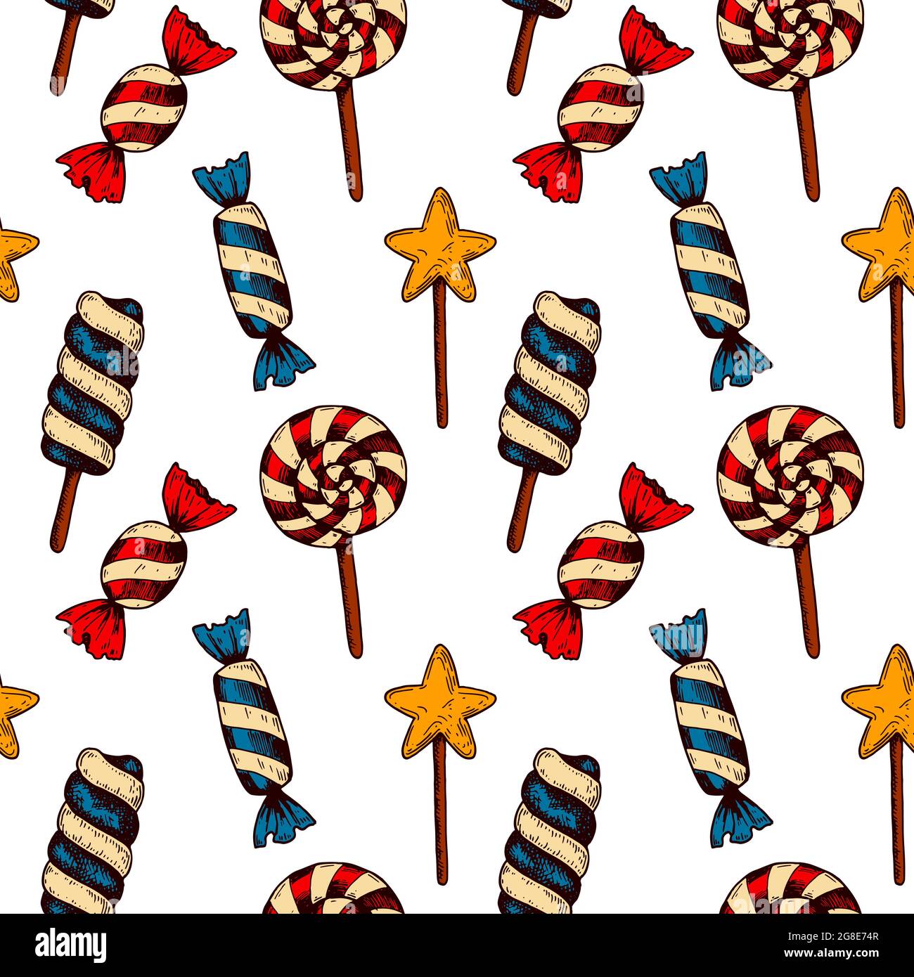 Hand drawn candy seamless pattern. Vector illustration in colored ...