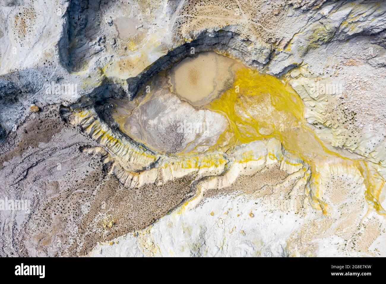 Aerial view, volcano caldera with pumice fields, yellow colored sulphur ...