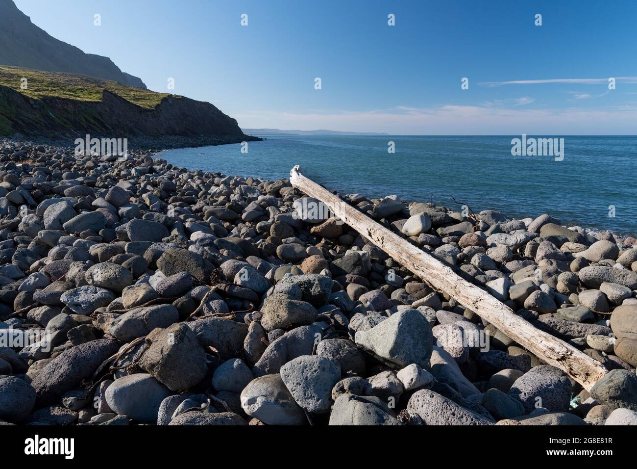 Stones and driftwood log, Sandvik, Skagafjoerour, Northern Iceland ...
