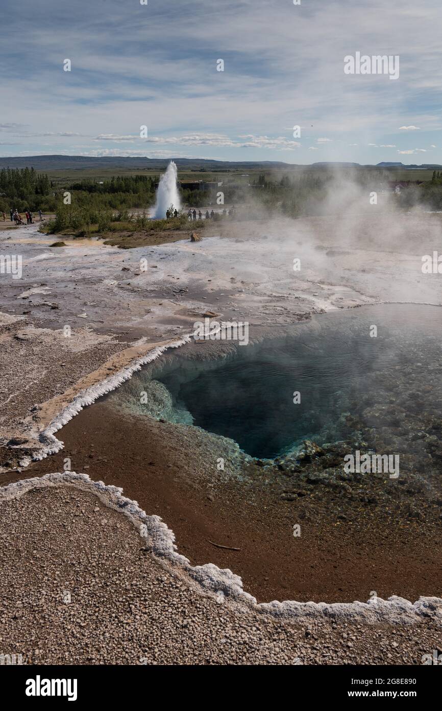 Thermal spring and eruption Geysir Strokkur, geothermal area Haukadalur ...