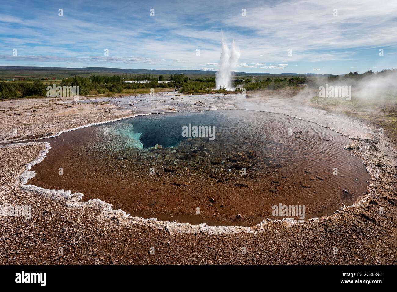 Thermal spring and eruption Geysir Strokkur, geothermal area Haukadalur ...