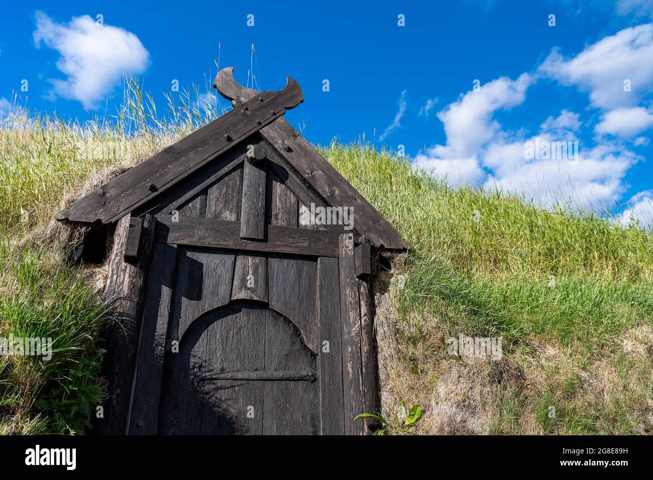 Entrance door, building made of wood and peat, replica, Viking Age farm ...