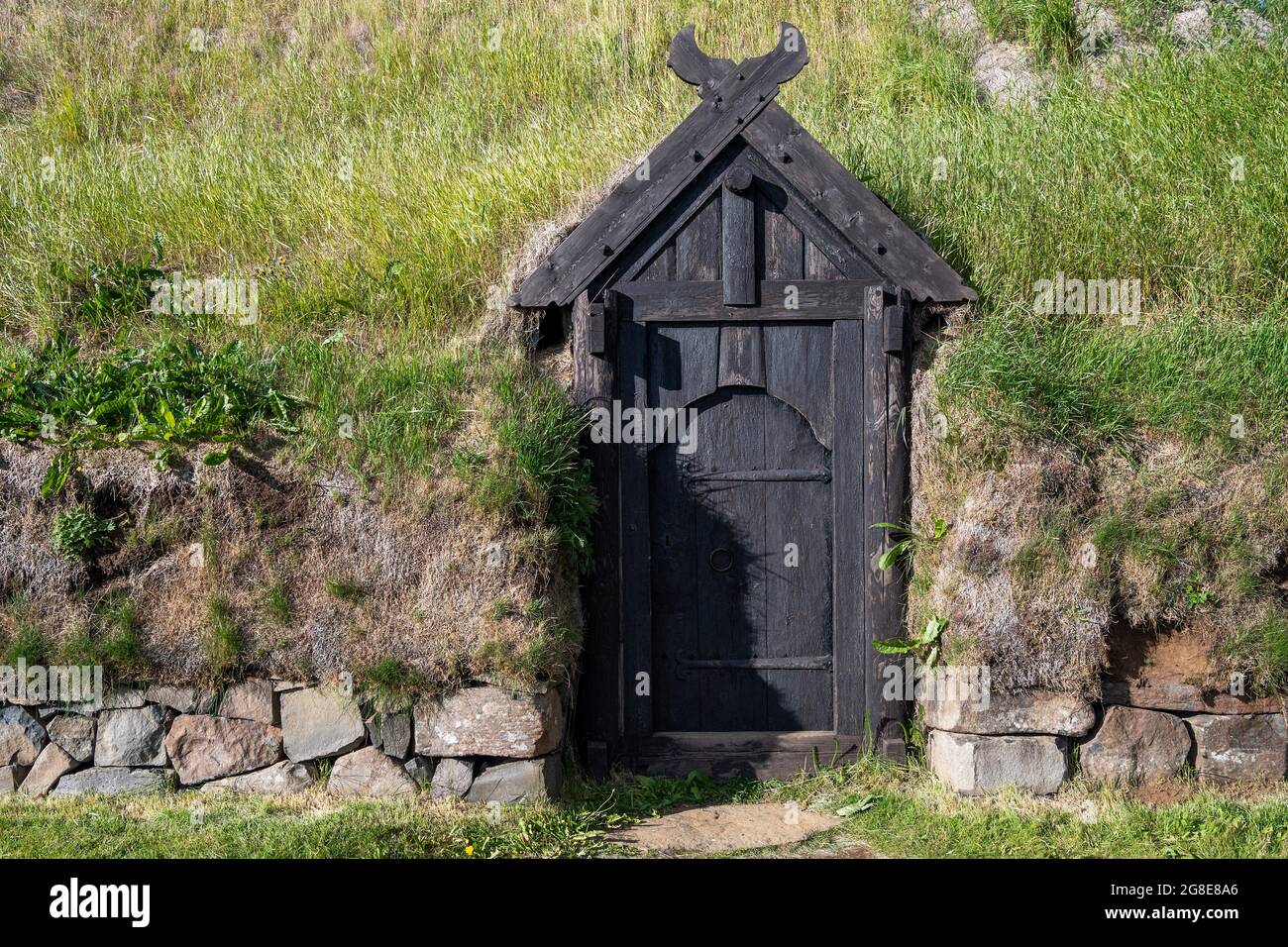 Entrance door, building made of wood and peat, replica, Viking Age farm ...