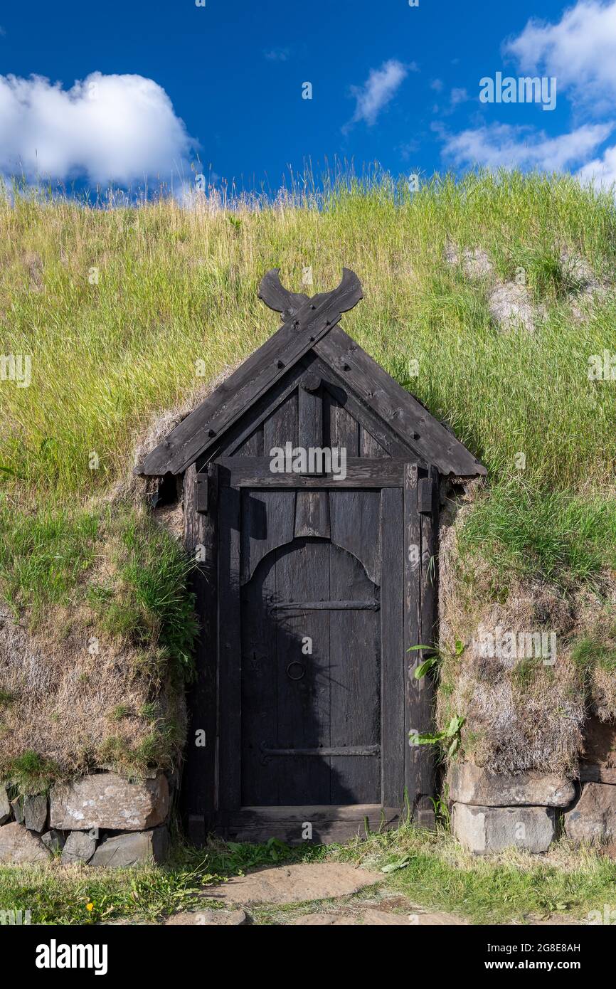 Entrance door, building made of wood and peat, replica, Viking Age farm ...
