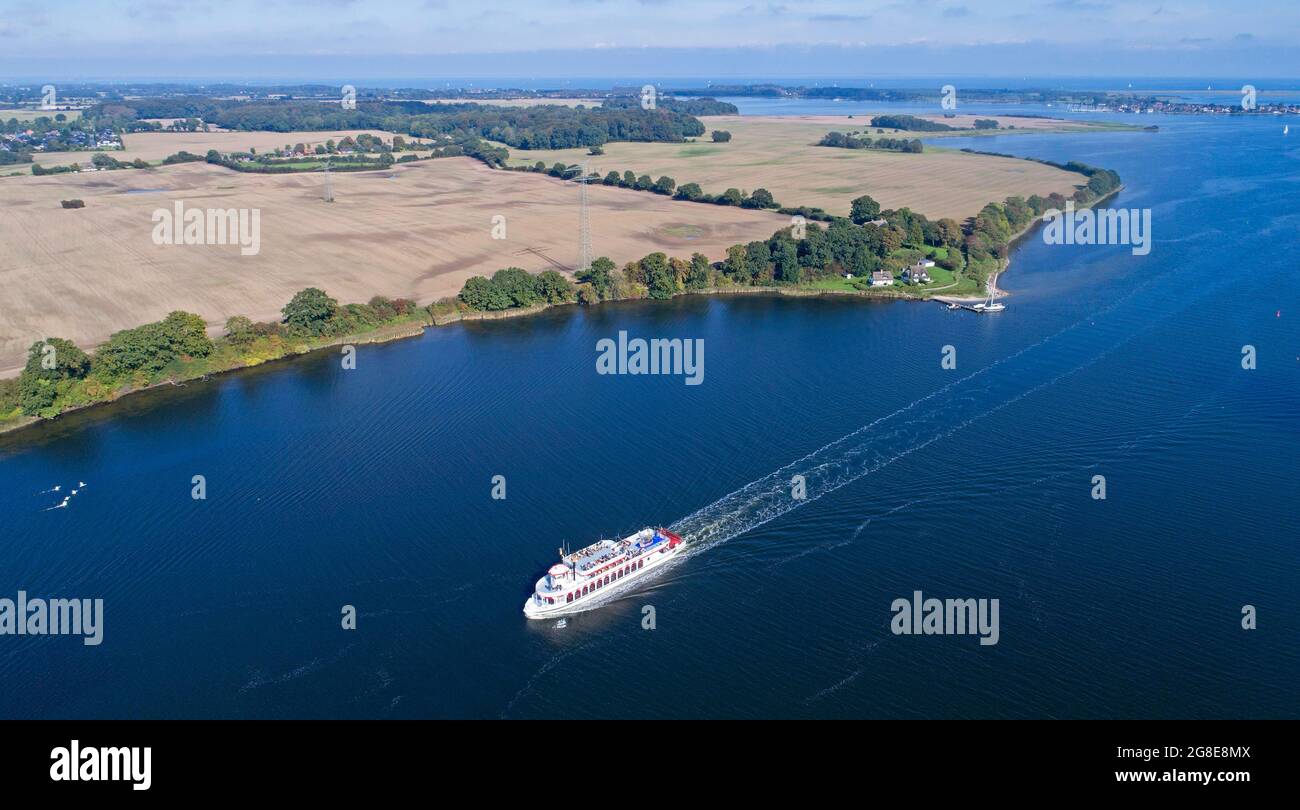Aerial view, paddle steamer Schlei Princess near Rabel, Schlei ...