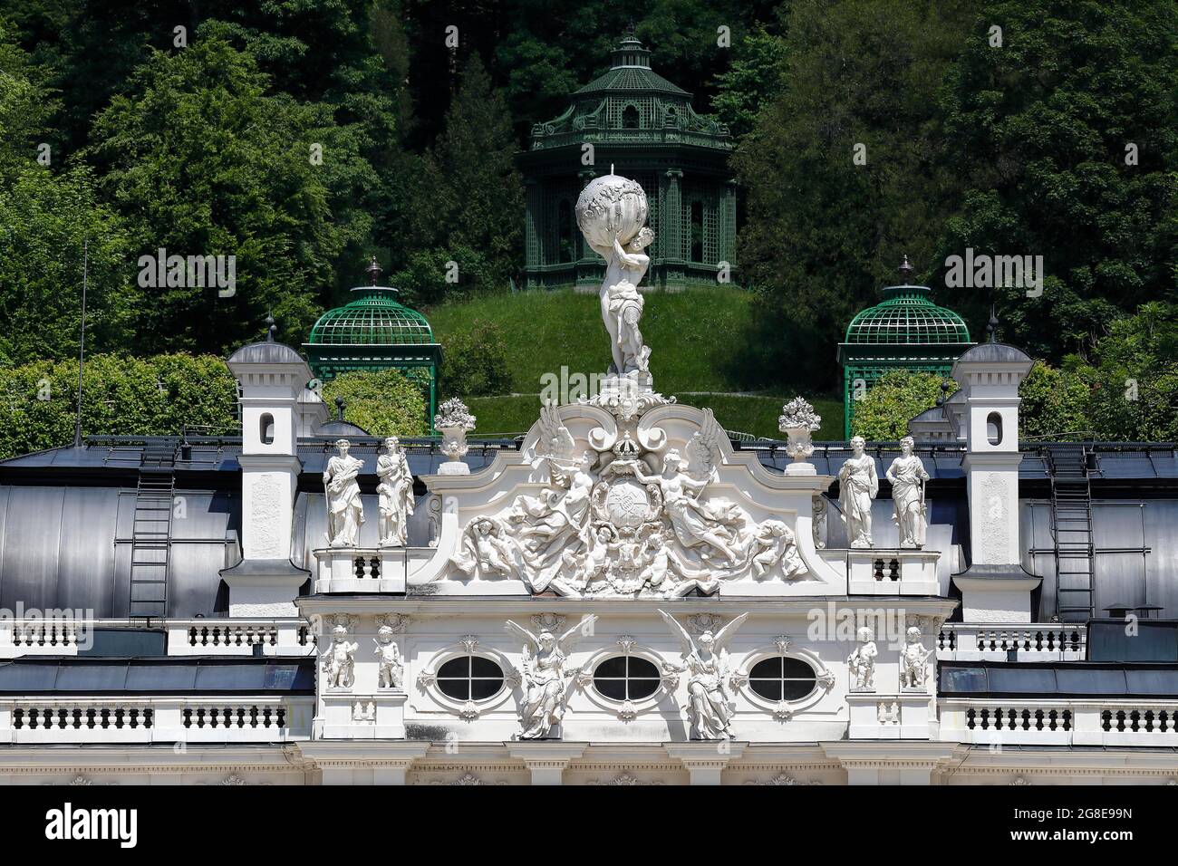 Linderhof Castle, royal palace of Ludwig II of Bavaria, details facade ...