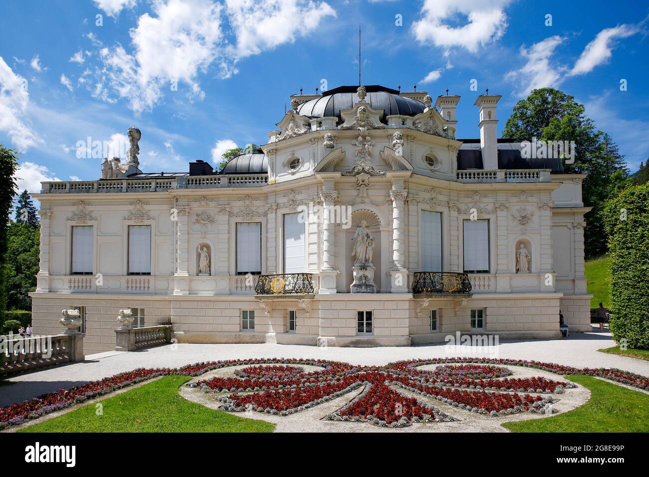 Linderhof Castle, royal palace of Ludwig II, east side with garden ...