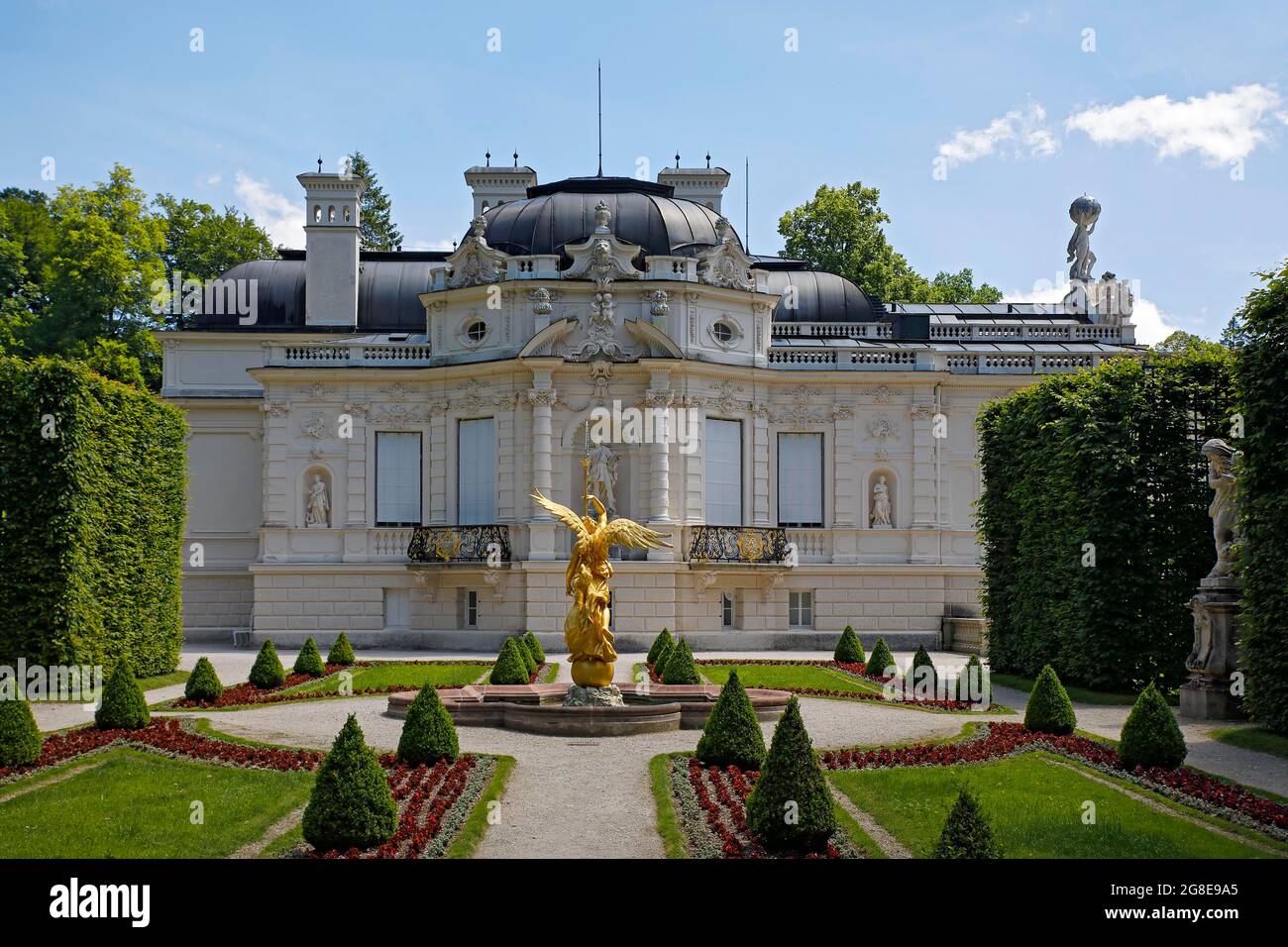 Linderhof Palace, royal palace of Ludwig II, west side with gardens and ...