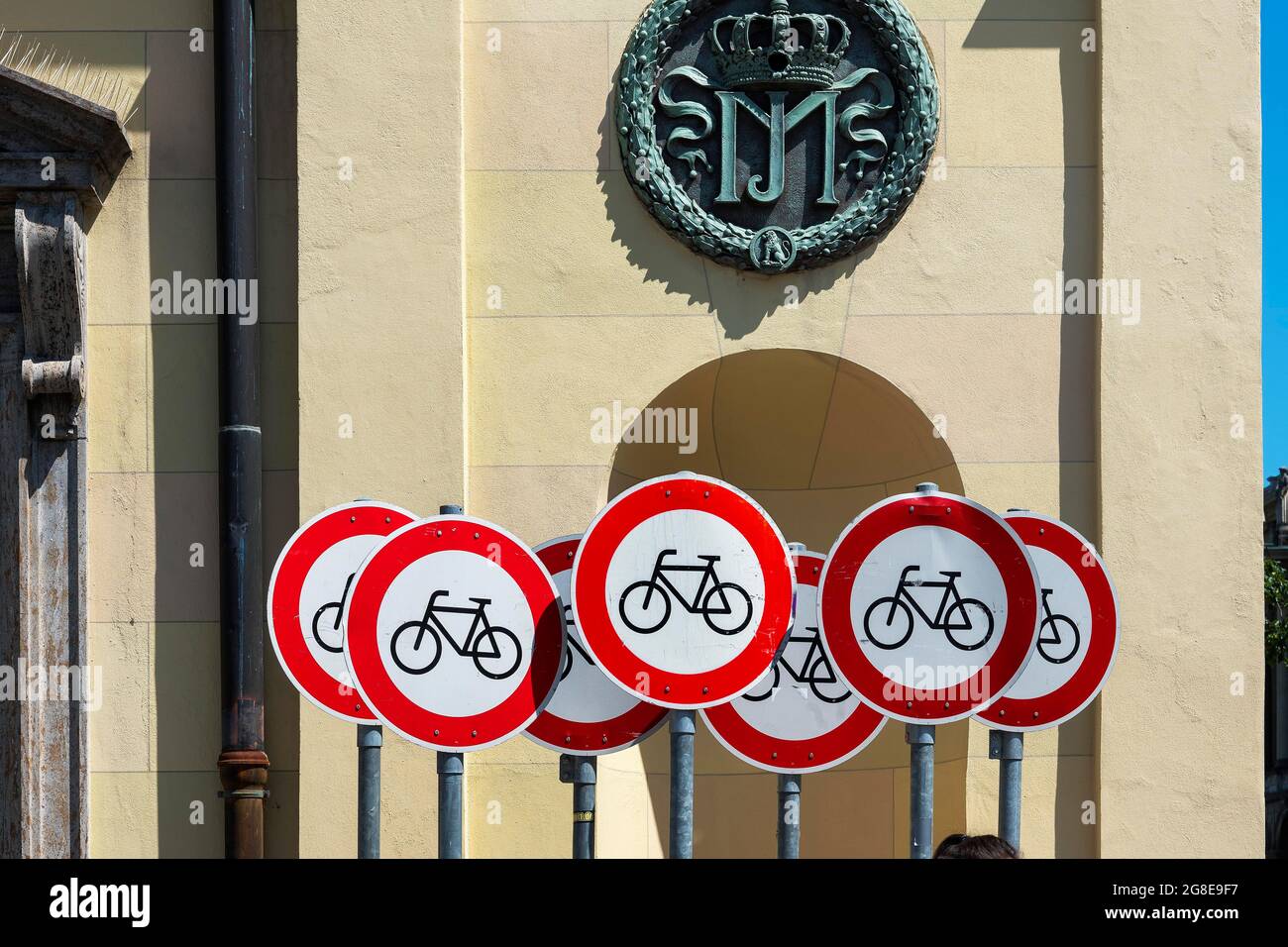Bicycle prohibition signs, Munich, Upper Bavaria, Bavaria, Germany ...