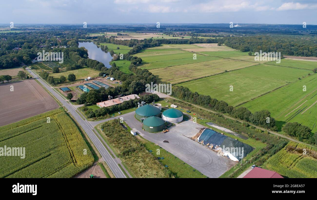 Aerial view, biogas plant near Barum, Lower Saxony, in the background ...