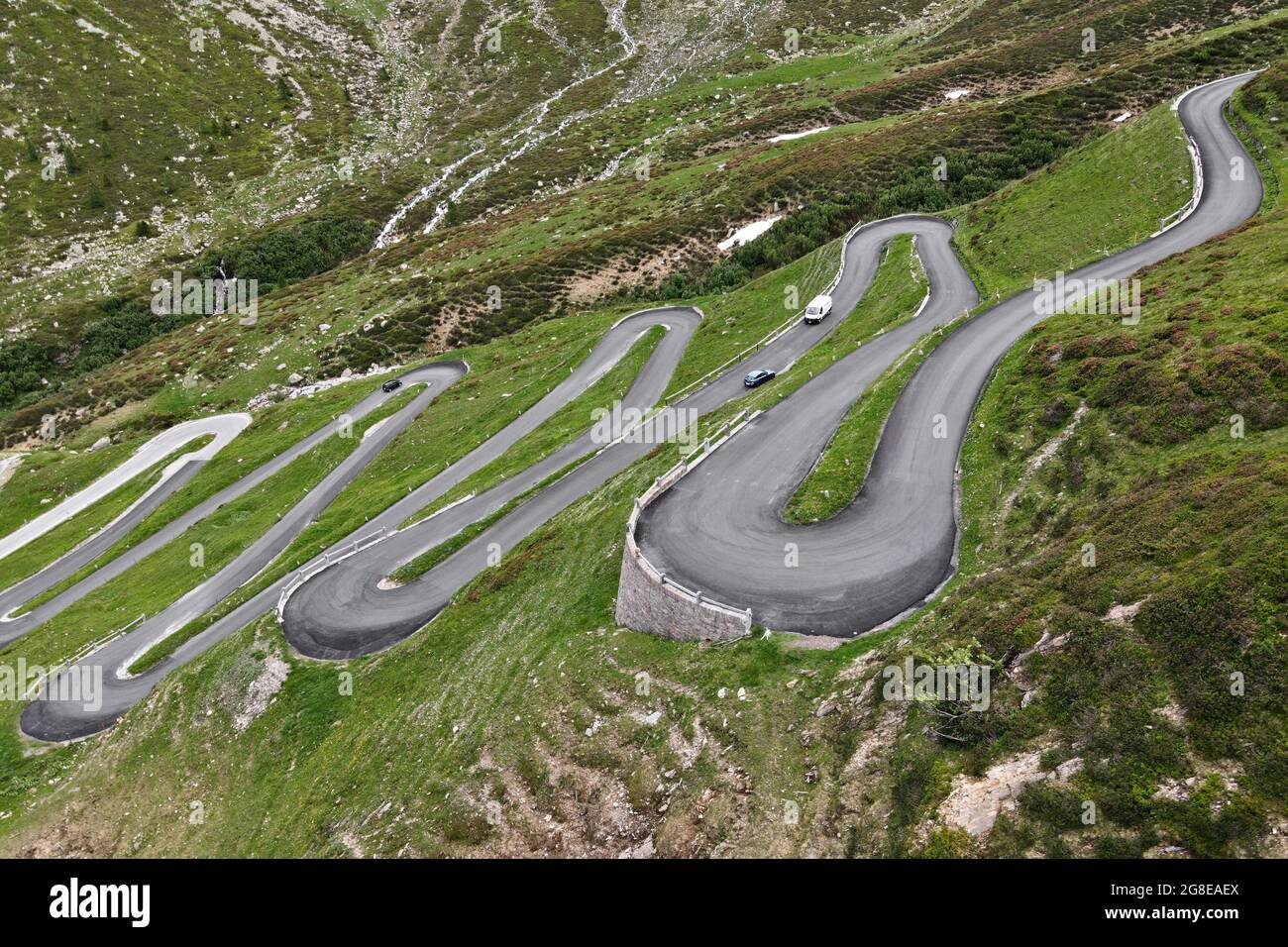 Aerial view of the serpentines on the north side of the Spluegen Pass ...