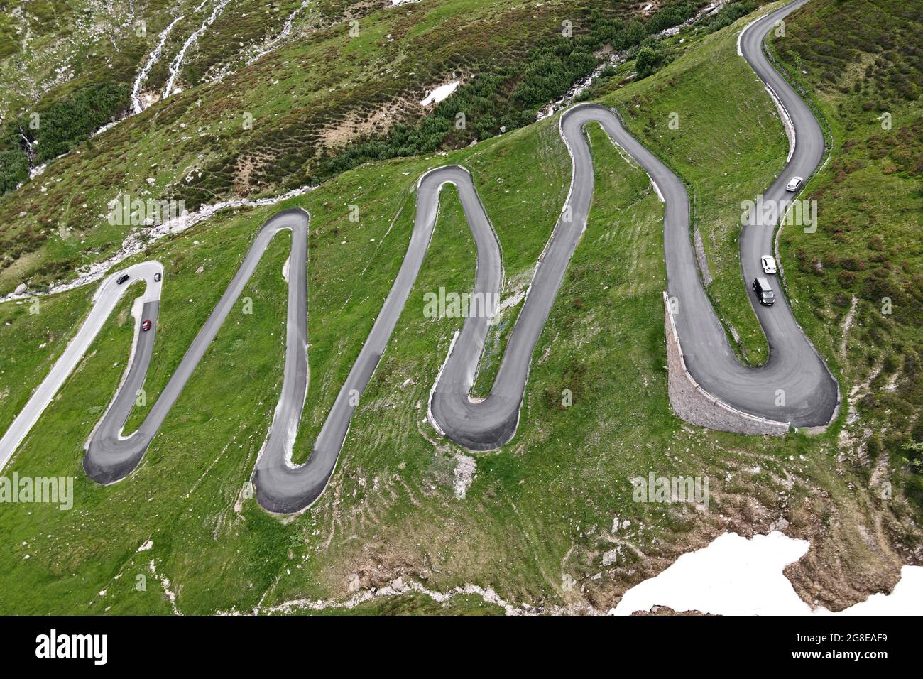 Aerial view of the serpentines on the north side of the Spluegen Pass ...