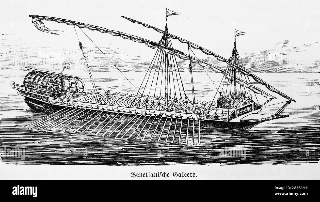 Venetian galley on the sea, historical illustration Stock Photo - Alamy