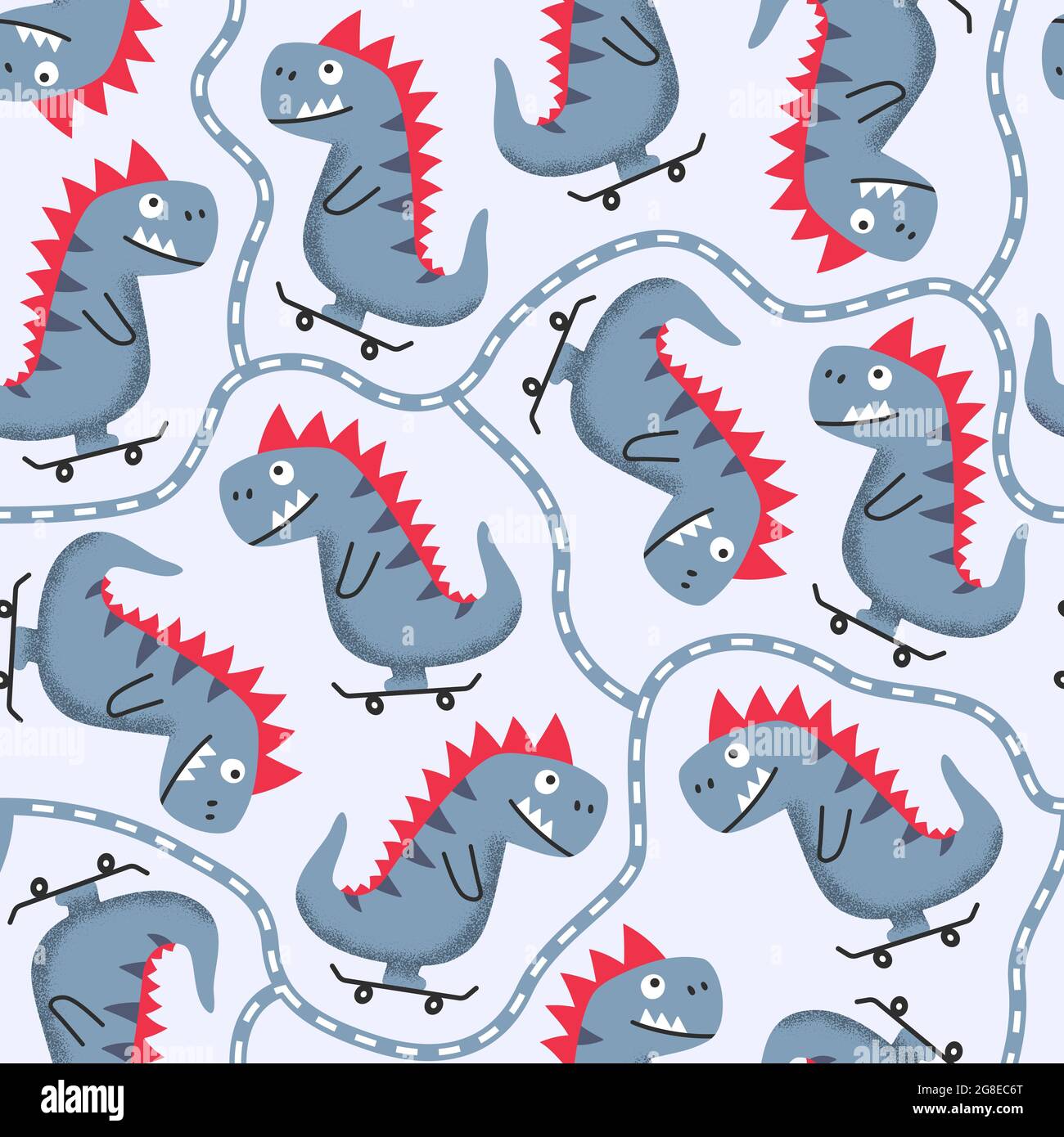 Seamless pattern with funny cheerful cartoon t-rex riding skateboard on ...
