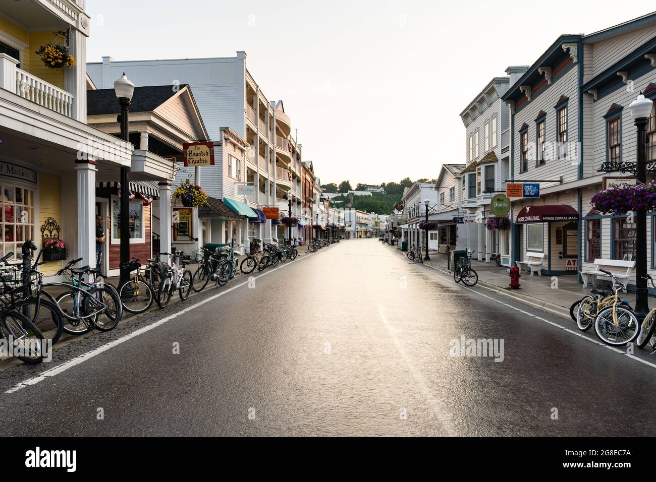 Mackinac island Michigan main street in the early morning after rain ...