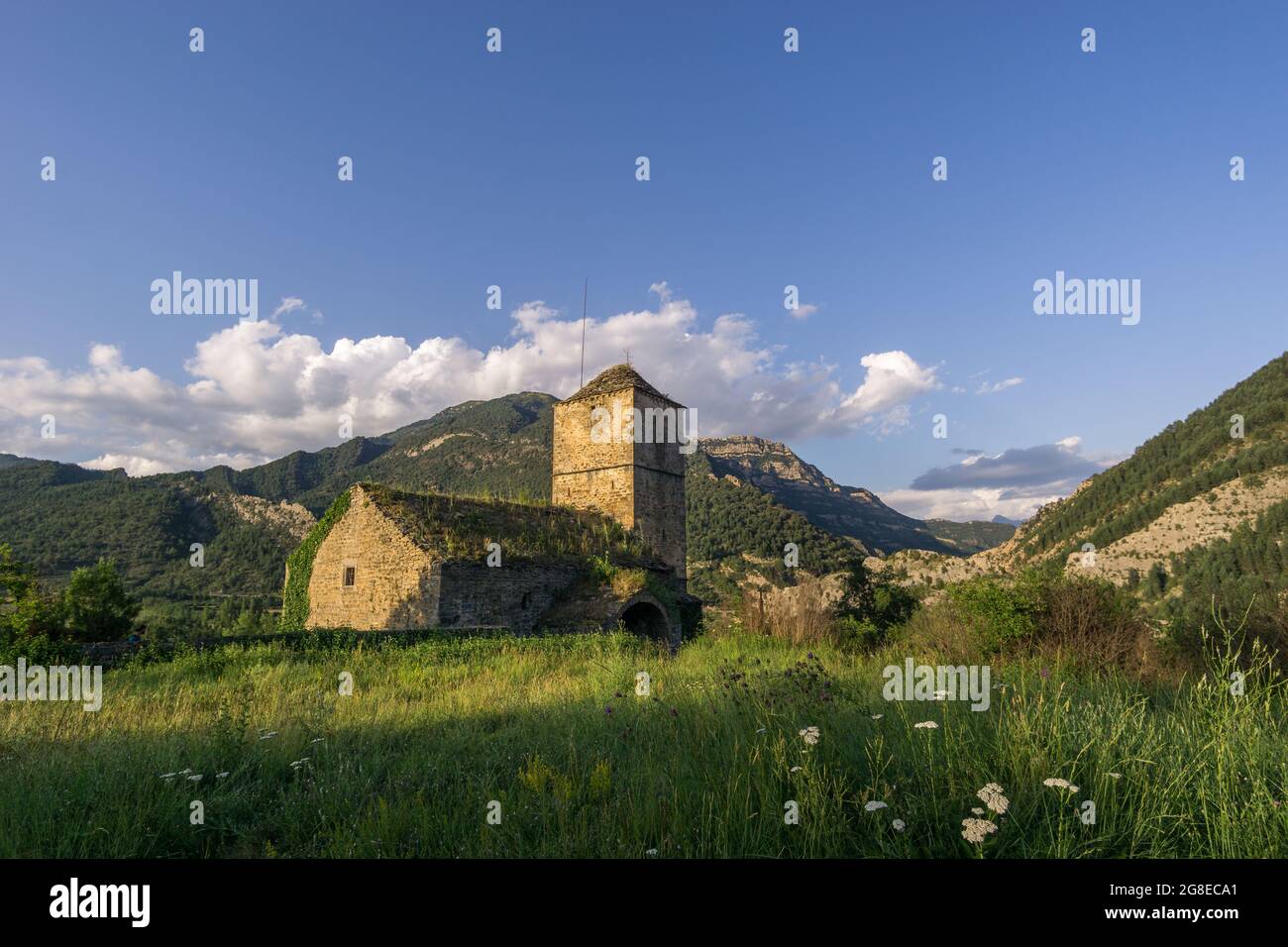 Abandoned church in ghost village janovas in pyrenees landscape at ...