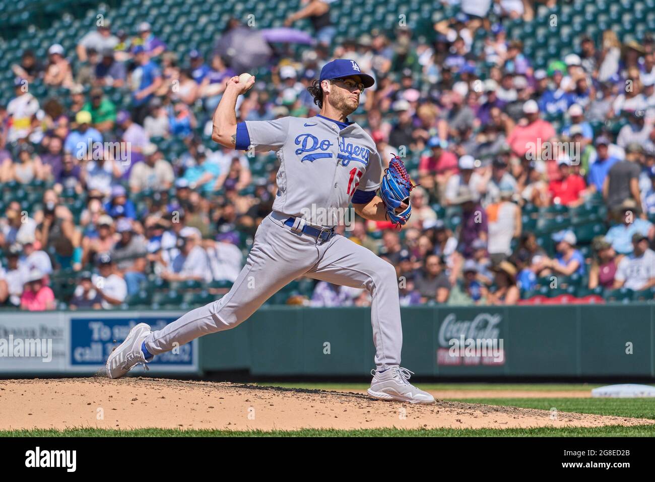 Denver CO, USA. 18th July, 2021. Los Angeles pitcher Joe Kelly (17 ...