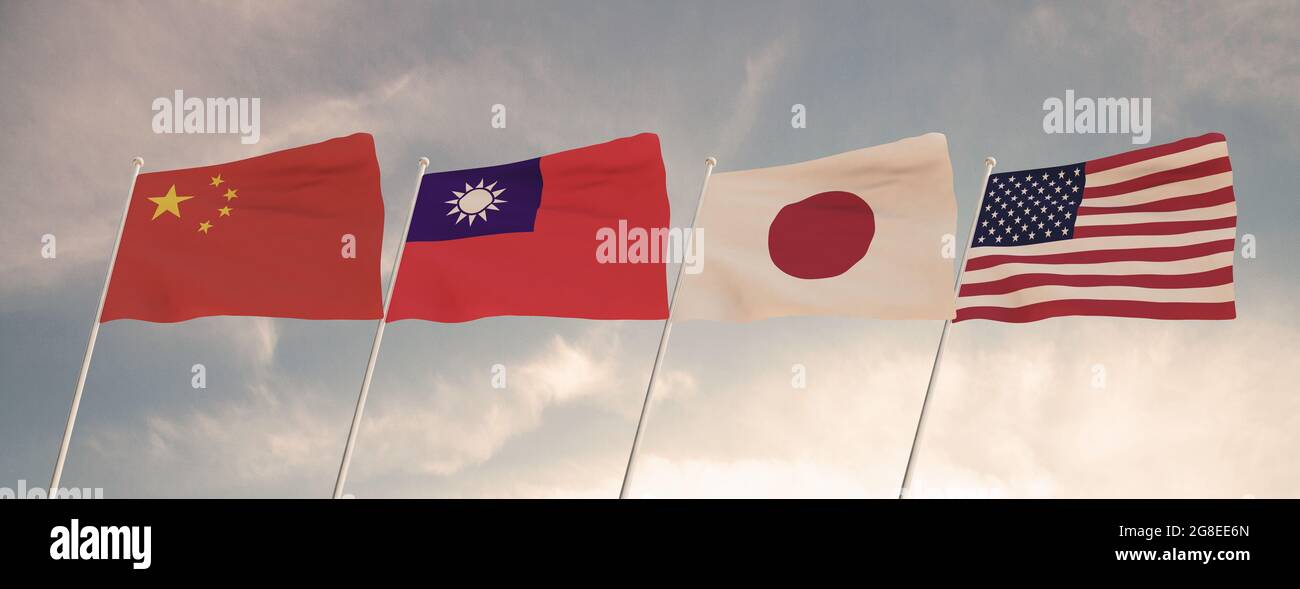 Flags of China, Taiwan, Japan and USA waving with cloudy blue sky ...