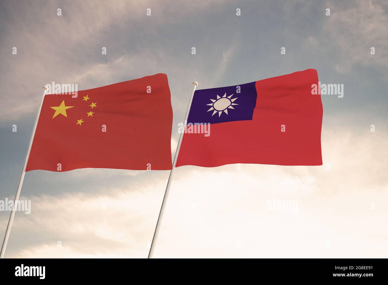 Flags of China and Taiwan waving with cloudy blue sky background, 3D ...