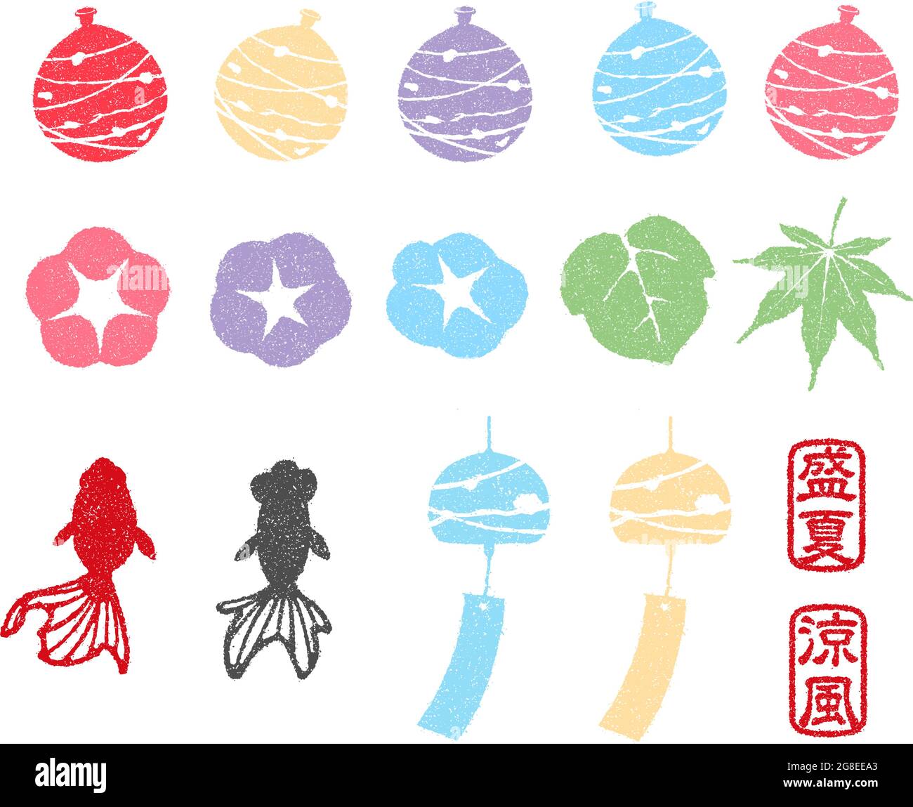 Summer motif rubber stamp illustration set for summer greeting card etc ...