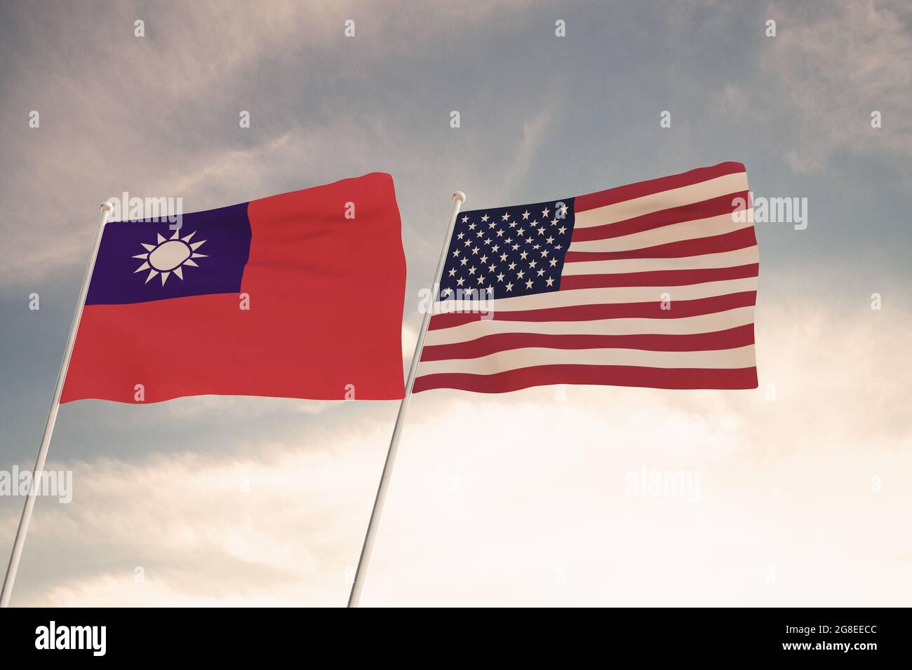 Flags of Taiwan and USA waving with cloudy blue sky background, 3D ...