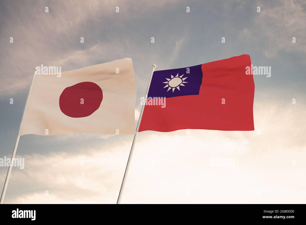Flags of Japan and Taiwan waving with cloudy blue sky background, 3D ...