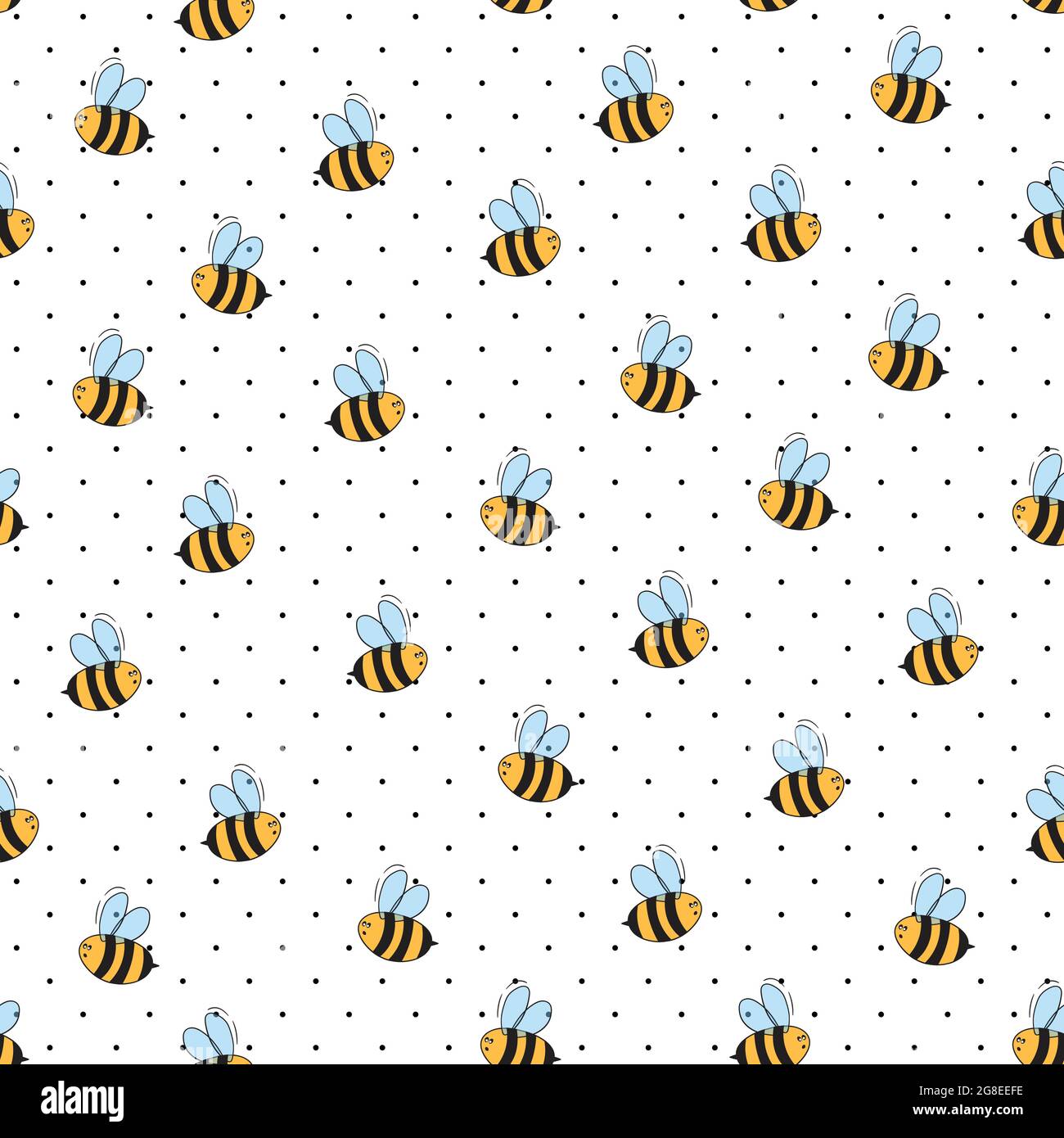 Seamless pattern with bees on white polka dots background. Small wasp ...