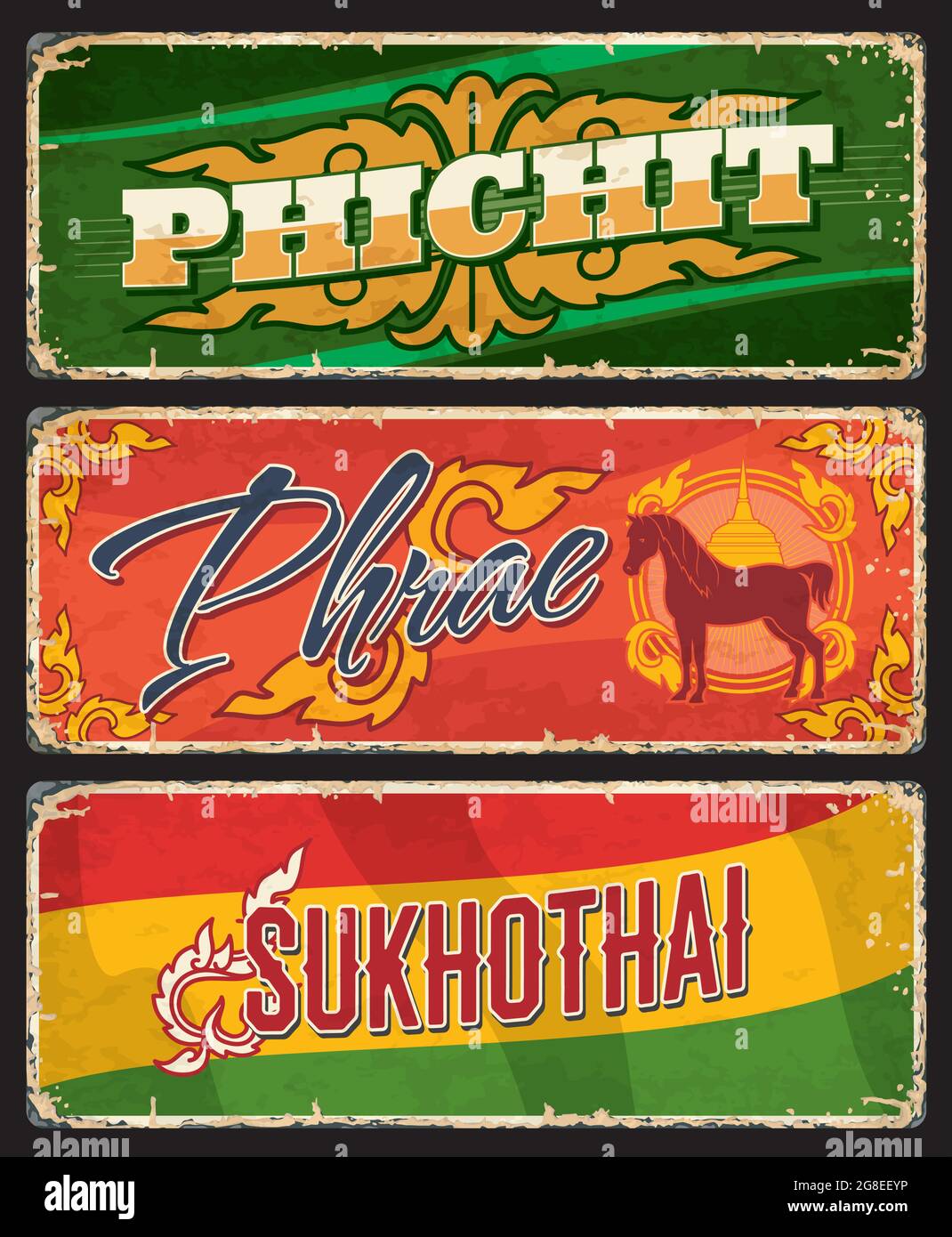 Phichit, Phrae and Sukhothai Thai province vector plates with Thailand ...