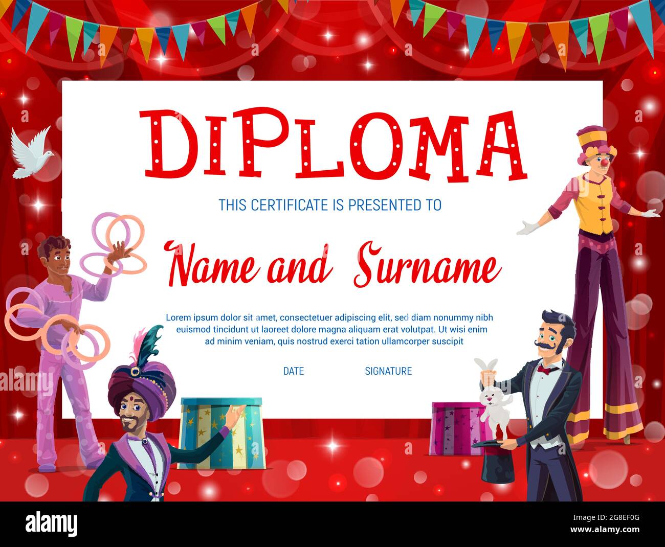 Shapito circus kids education diploma with carnival performers vector ...
