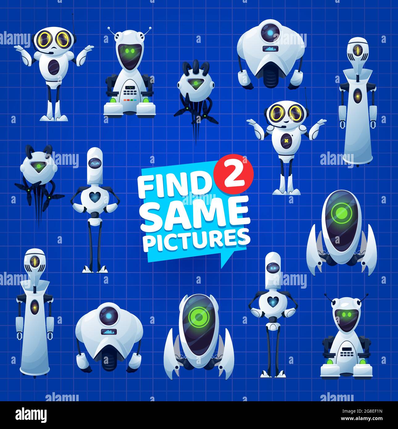 Find two same robots, kids riddle game, vector cartoon boardgame. Kids ...