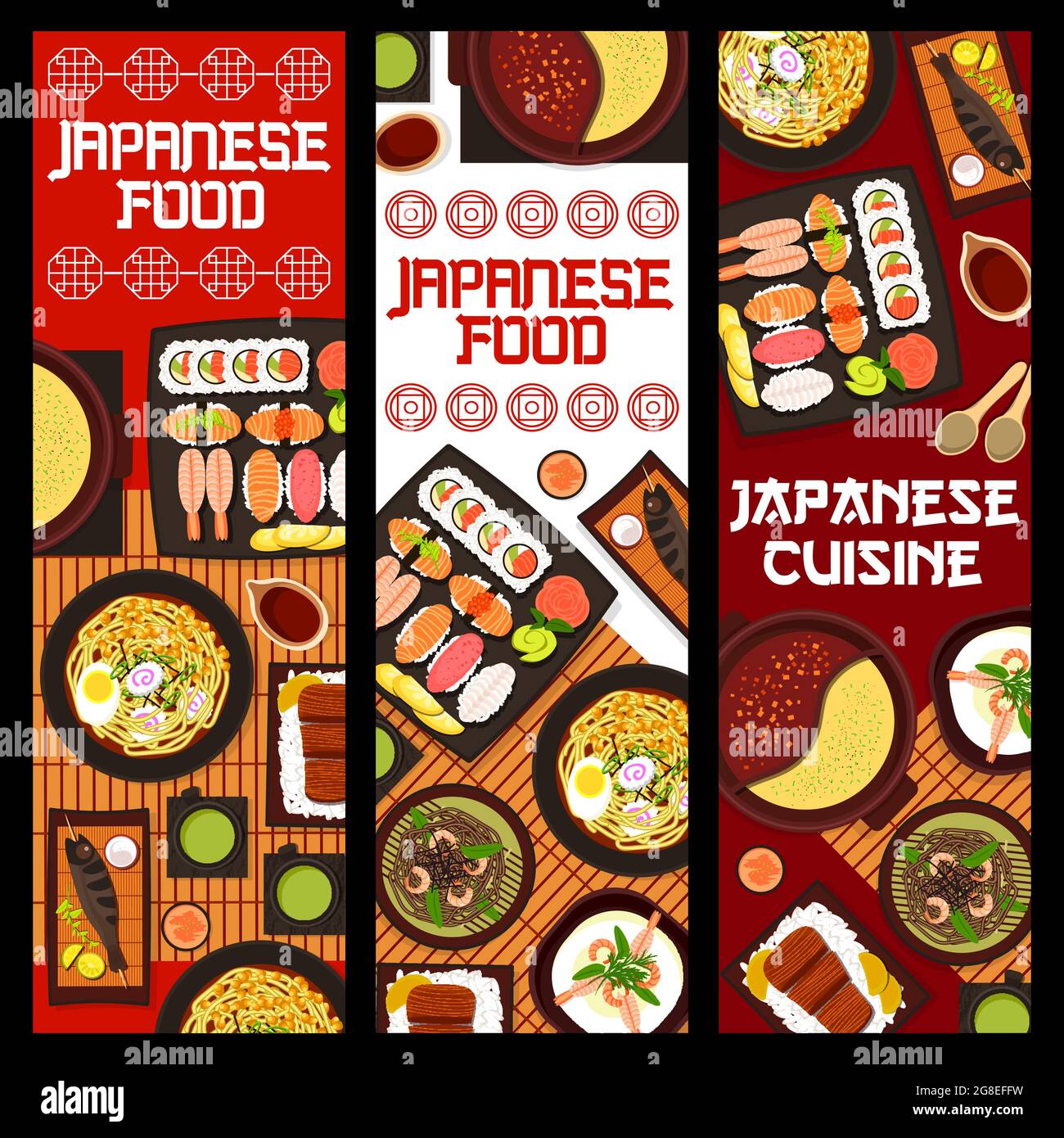 Japanese cuisine vector shrimp soba noodles, shabu shabu hot pot and ...