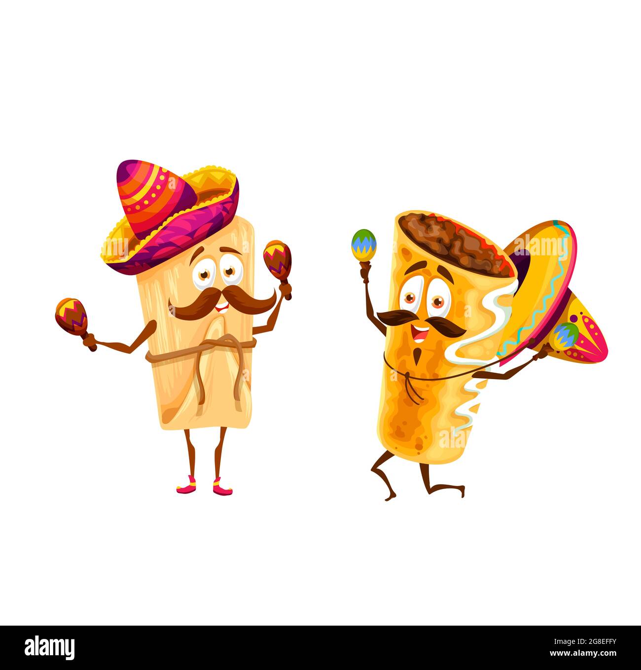 Cartoon mexican tamales and chimichanga happy characters. Vector ...