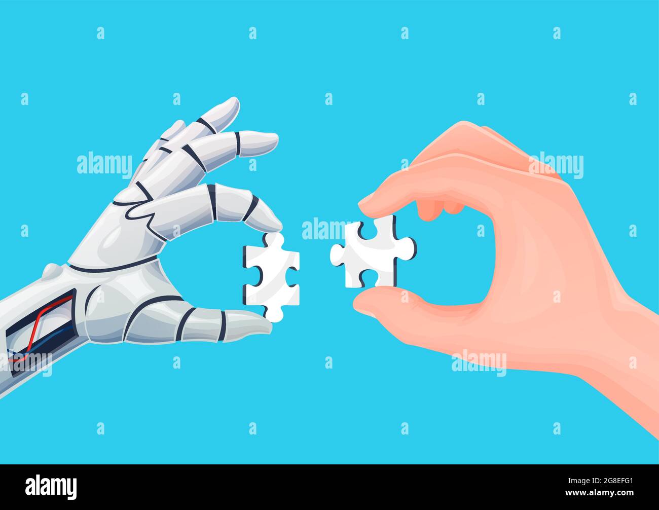 Robot and human hands connecting jigsaw puzzle pieces. Artificial ...