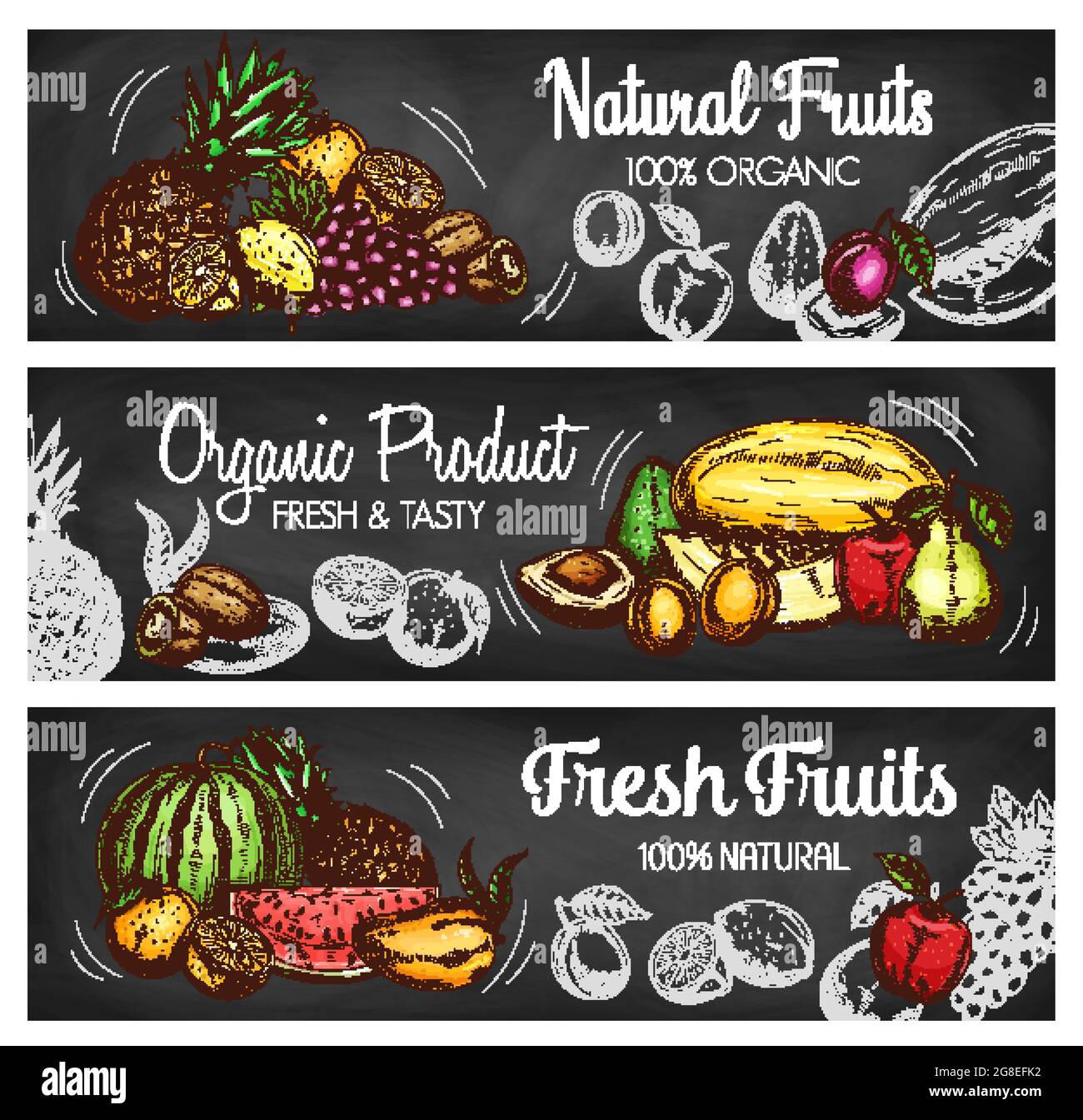 Tropical fruit and berry chalkboard banners with vector sketches of ...