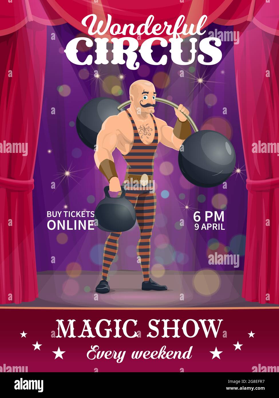 Shapito circus poster, cartoon strongman vector character on big top ...