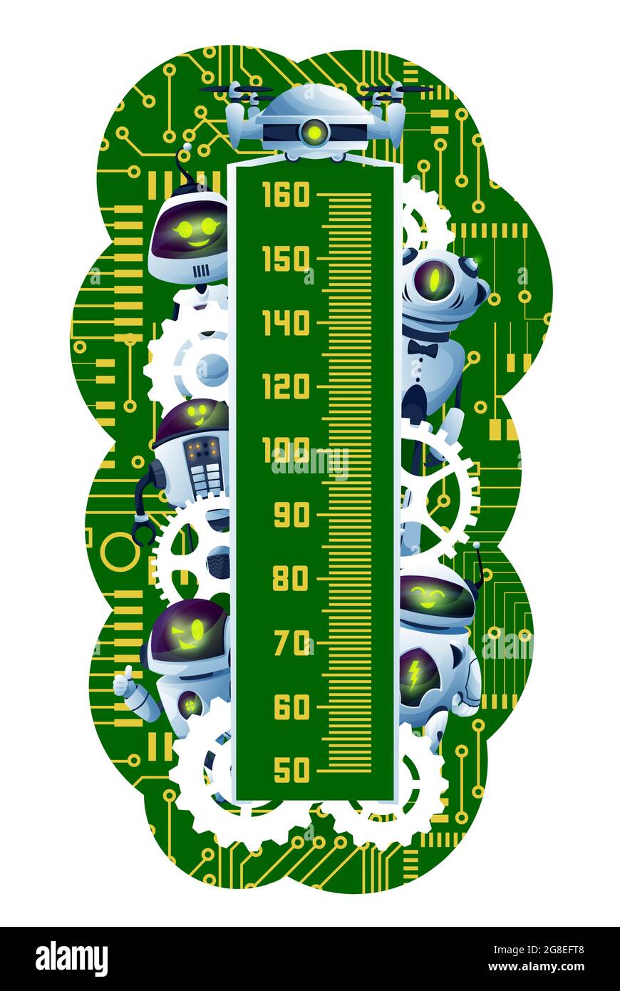 Kids height chart. Cartoon robots and androids on circuit board ...