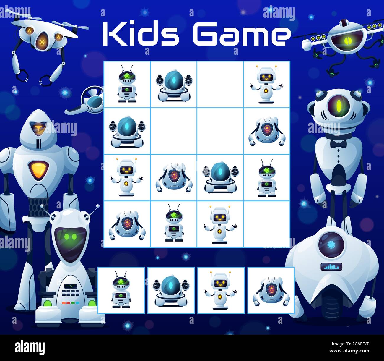 kids puzzle block game with robots, vector sudoku riddle with cartoon ...