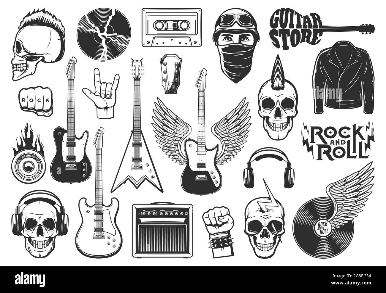 Rock music symbols, musical instruments icons set. Scull with mohawk ...