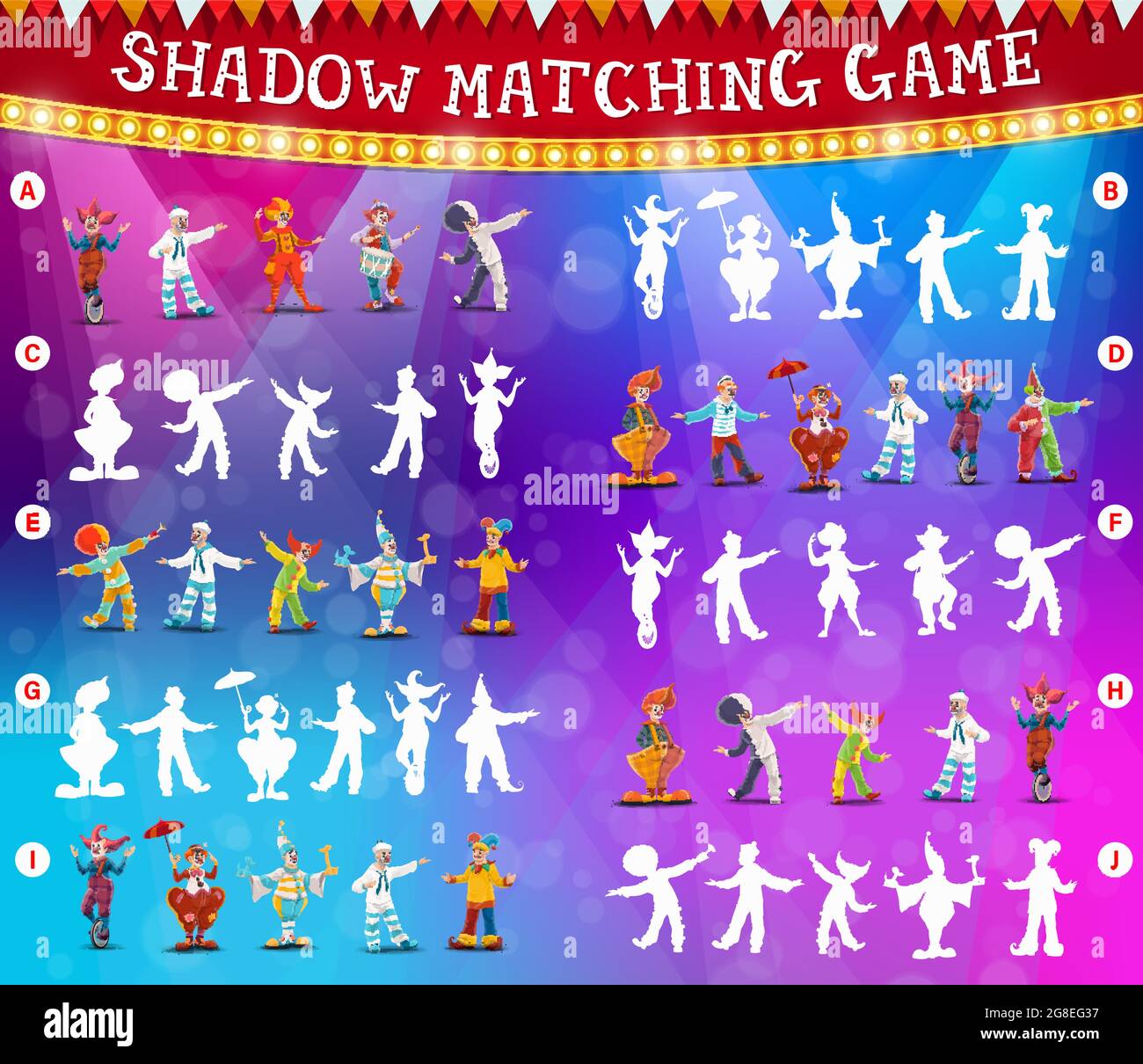Circus clowns shadow matching vector game or puzzle. Kids education ...
