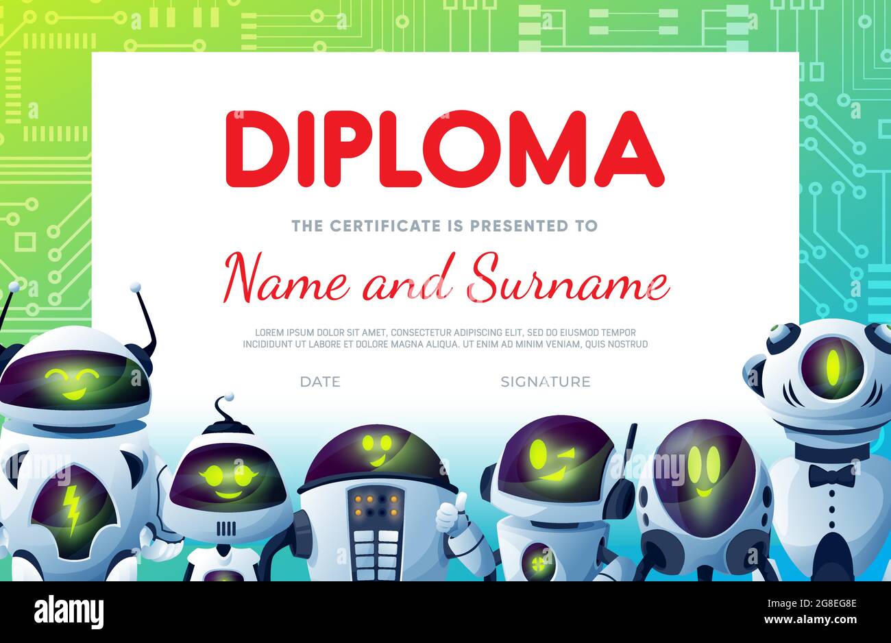 Kids diploma with cartoon robots and droids, vector certificate award ...