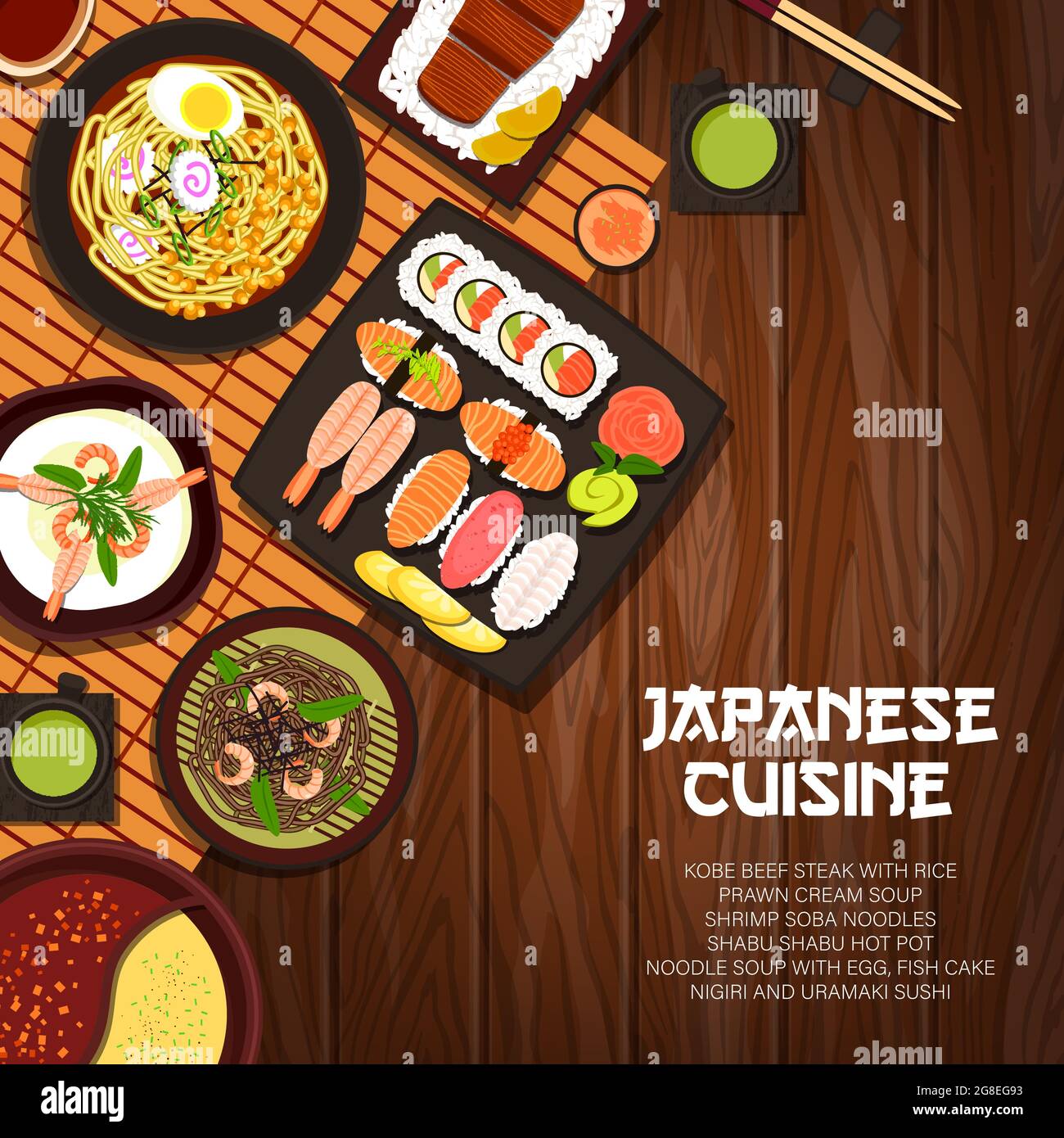 Japanese cuisine cartoon vector grilled fish skewers, nigiri and ...