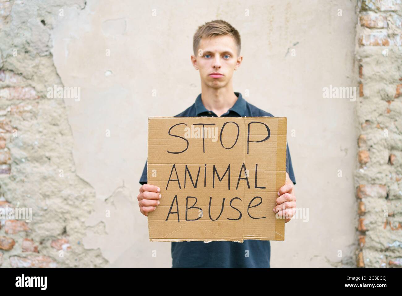 Stop animal abuse guy holding a cardboard box with the inscription ...
