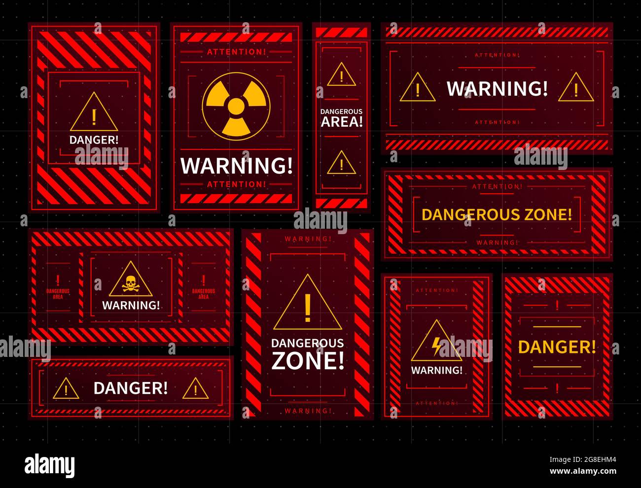 Danger and dangerous zone warning red frames. HUD interface elements ...