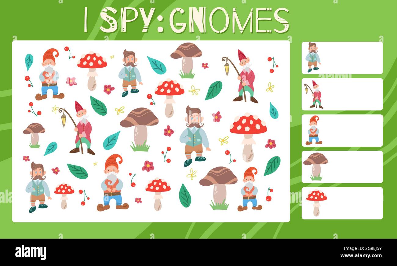 I spy game. Childrens educational fun. Count how many gnomes. Flat hand ...