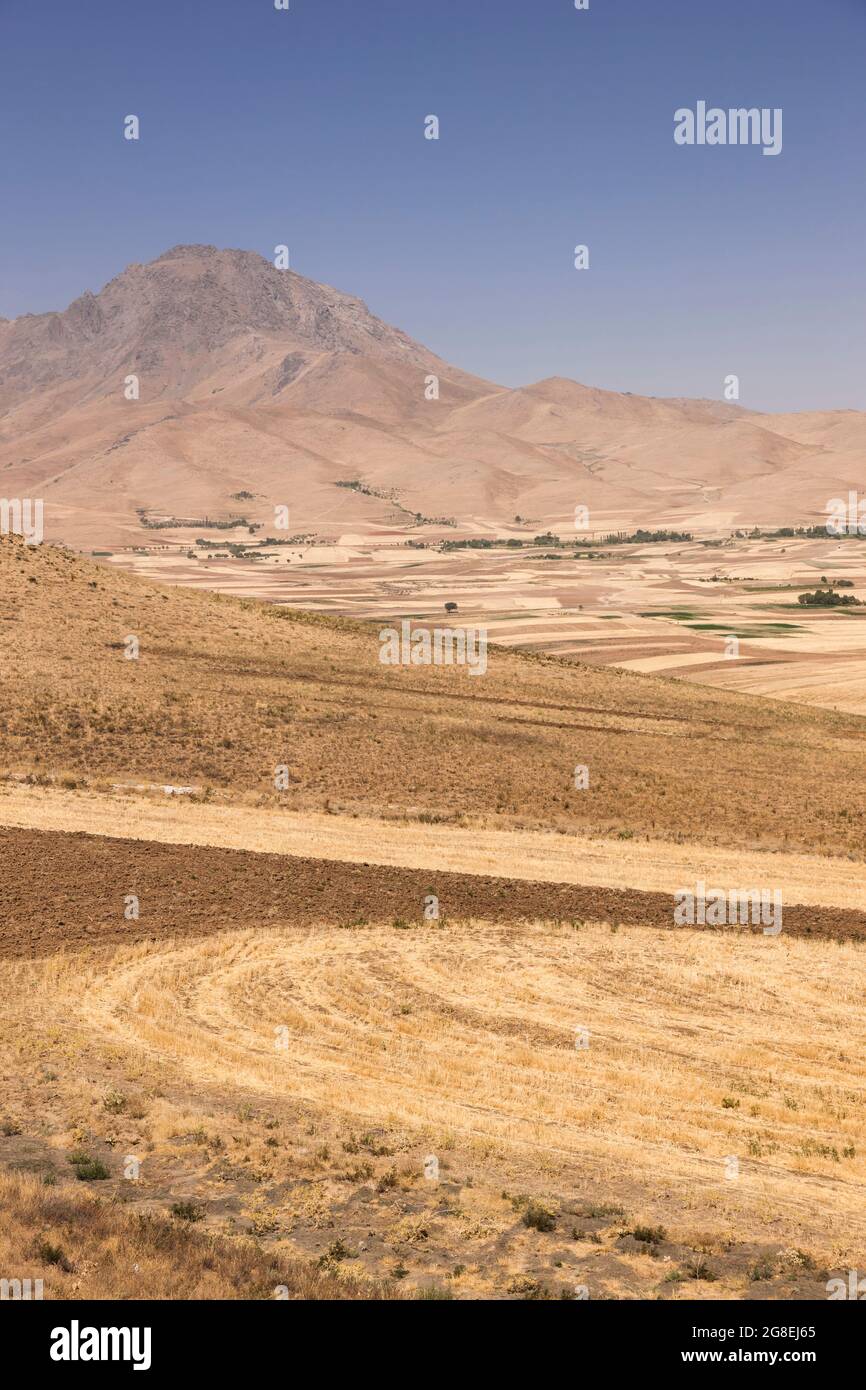 Landscape of highland with mountains and fields, suburb of Hamedan ...