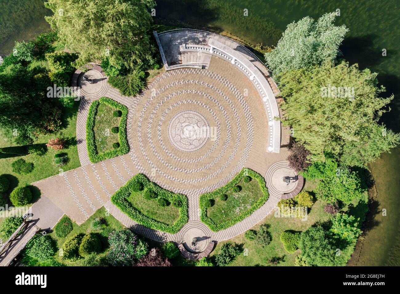 beautiful aerial view of small island with trees, colonnade and ...