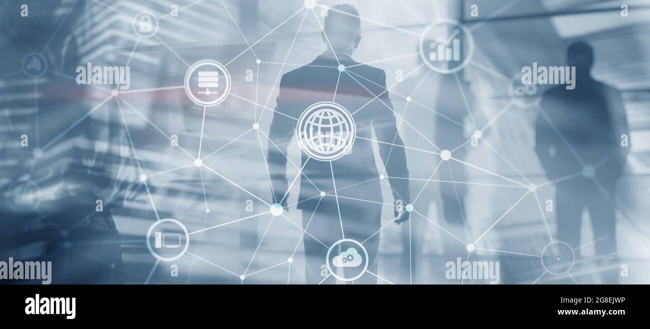 Communications project. Graphics on the background of office workers ...