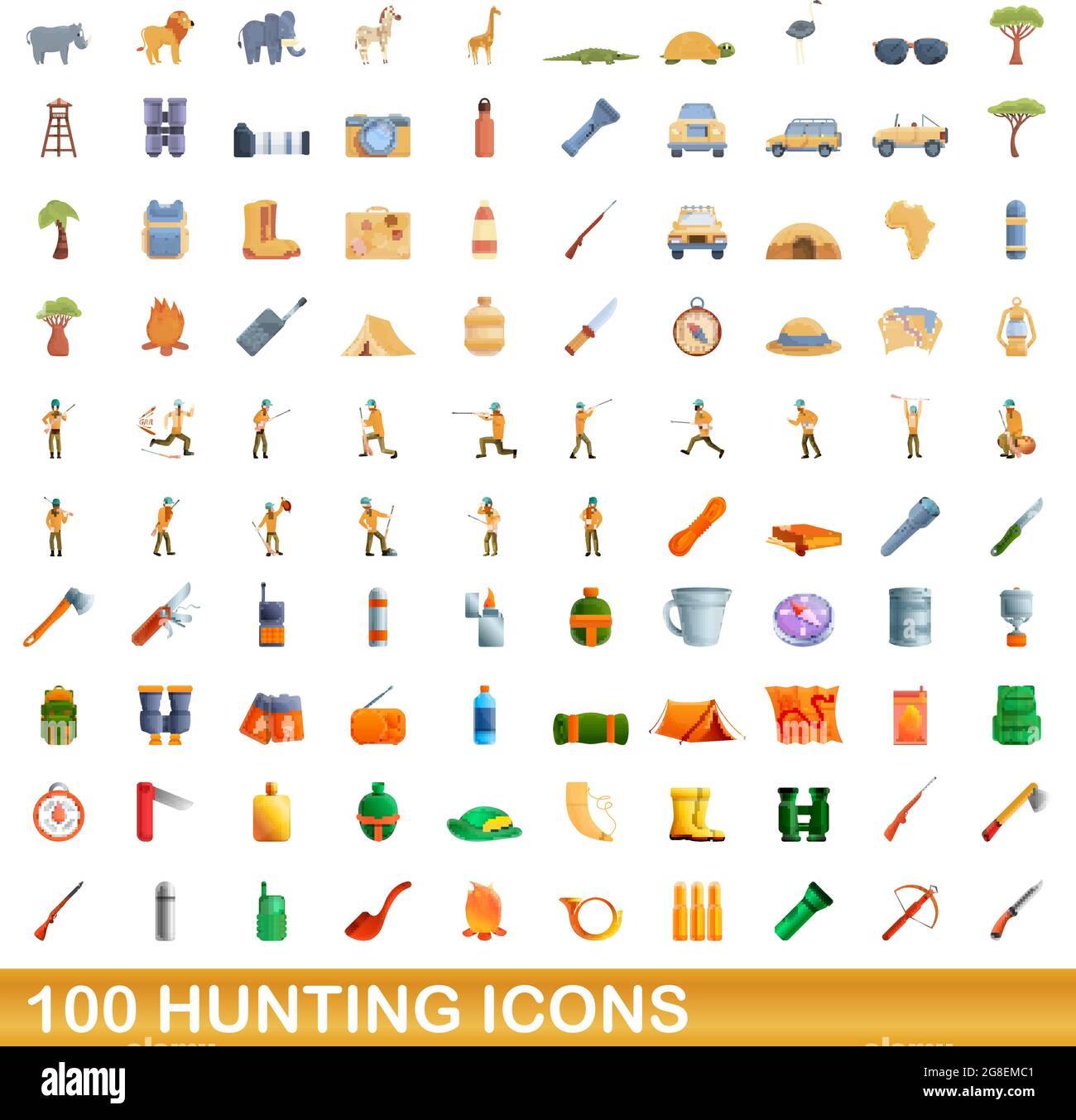 100 hunting icons set. Cartoon illustration of 100 hunting icons vector ...