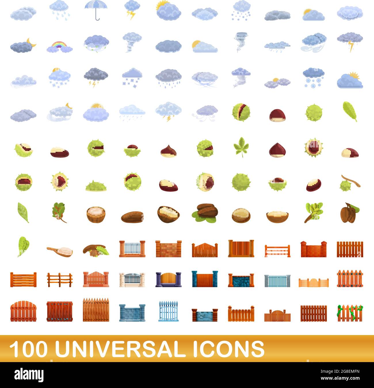 100 universal icons set. Cartoon illustration of 100 universal icons ...